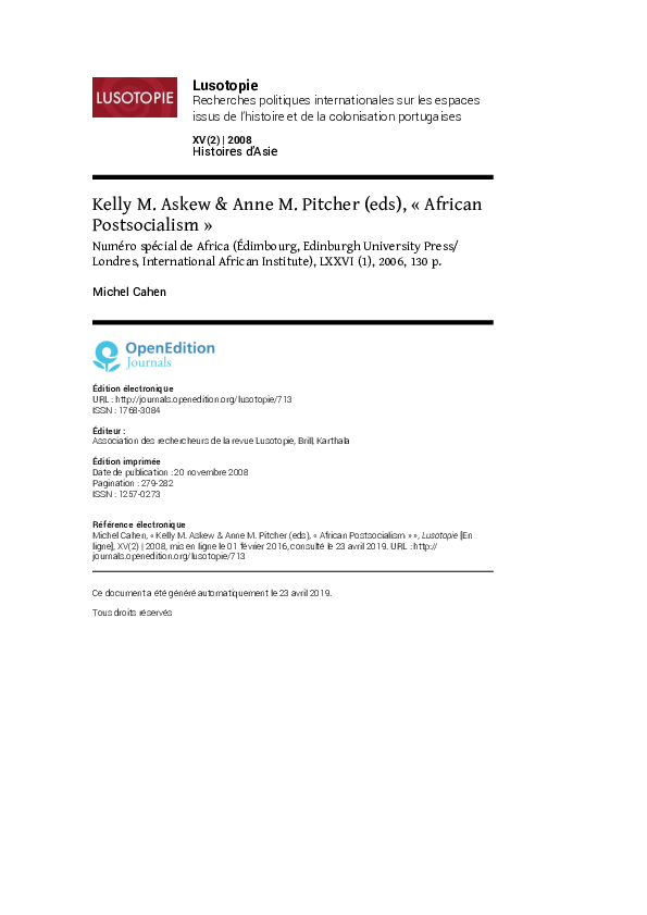 (PDF) Kelly M. Askew & Anne M. Pitcher (eds), « African Postsocialism ...