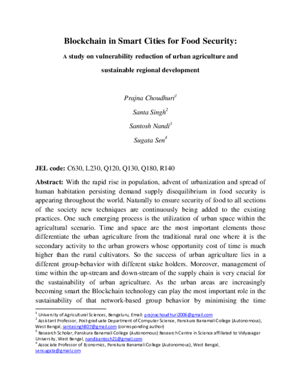 (PDF) Blockchain in Smart Cities for Food Security: A study on vulnerability reduction of urban ...
