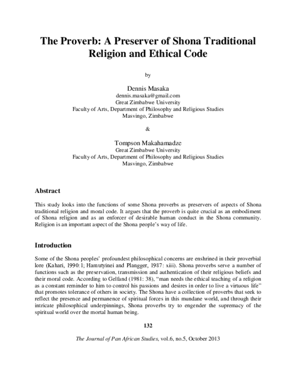 (PDF) The Proverb: A Preserver of Shona Traditional Religion and Ethical Code