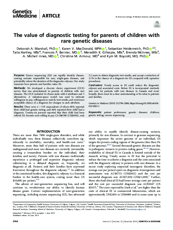 (PDF) The value of diagnostic testing for parents of children with rare ...
