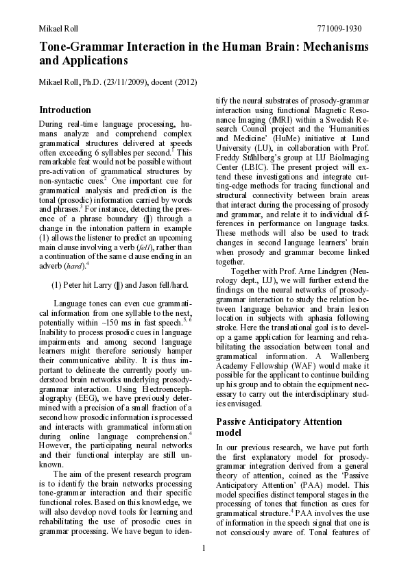 (PDF) Tone-Grammar Interaction in the Human Brain : Mechanisms and ...