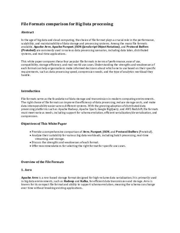 (PDF) File Formats comparison for Big Data processing