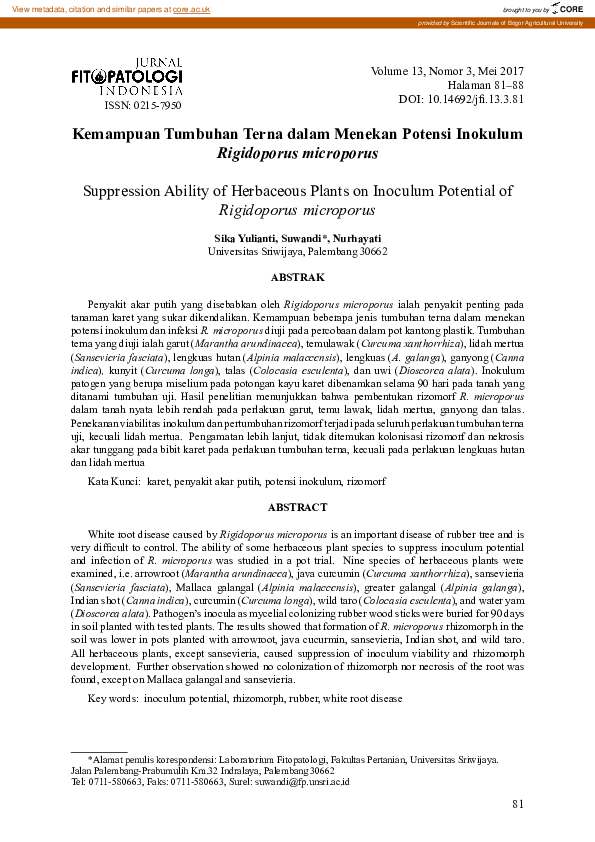 (PDF) Kemampuan Tumbuhan Terna dalam Menekan Potensi Inokulum Rigidoporus microporus
