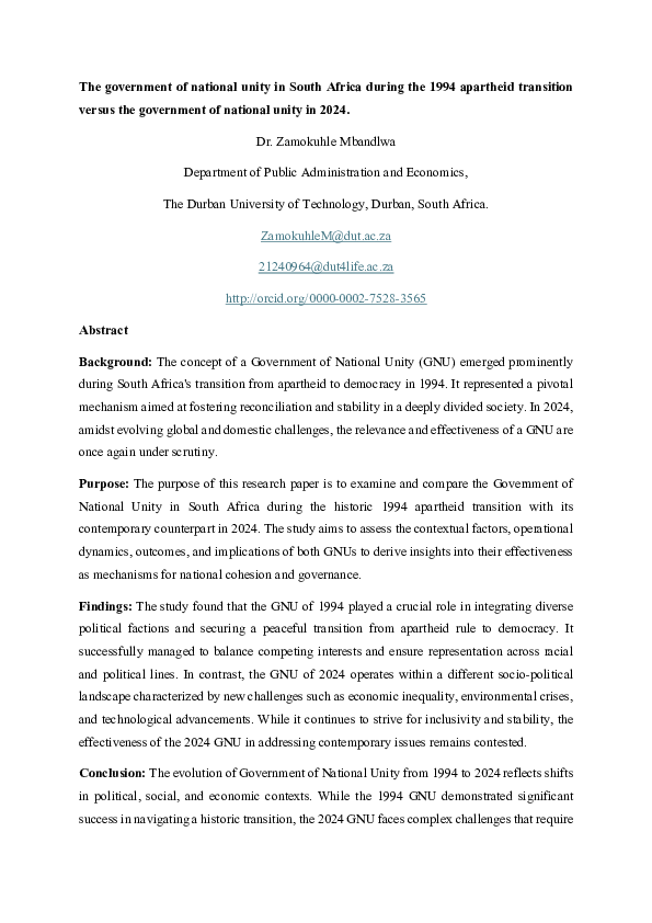 (PDF) The government of national unity in South Africa during the 1994 ...