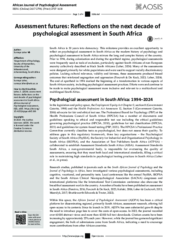 (PDF) Assessment futures: Reflections on the next decade of psychological assessment in South Africa