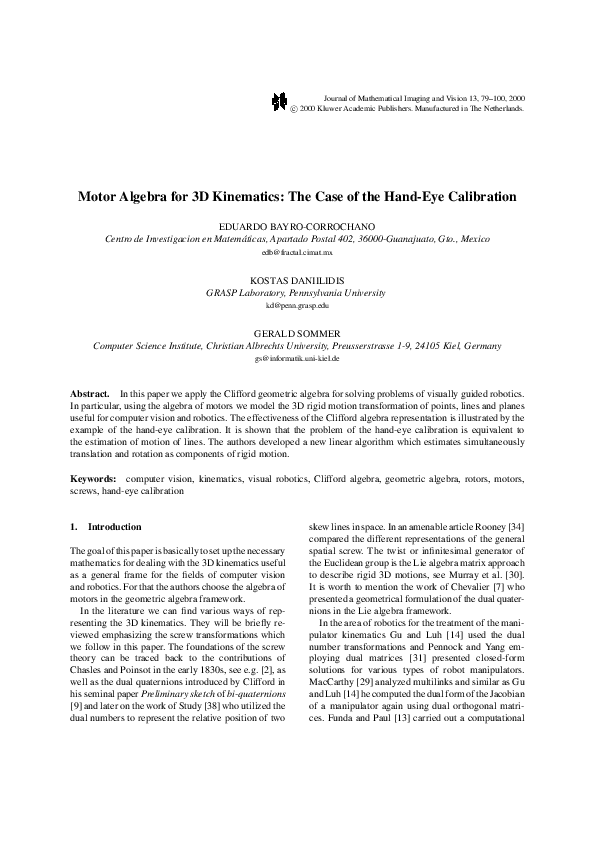 (PDF) Motor Algebra for 3D Kinematics: The Case of the Hand-Eye Calibration