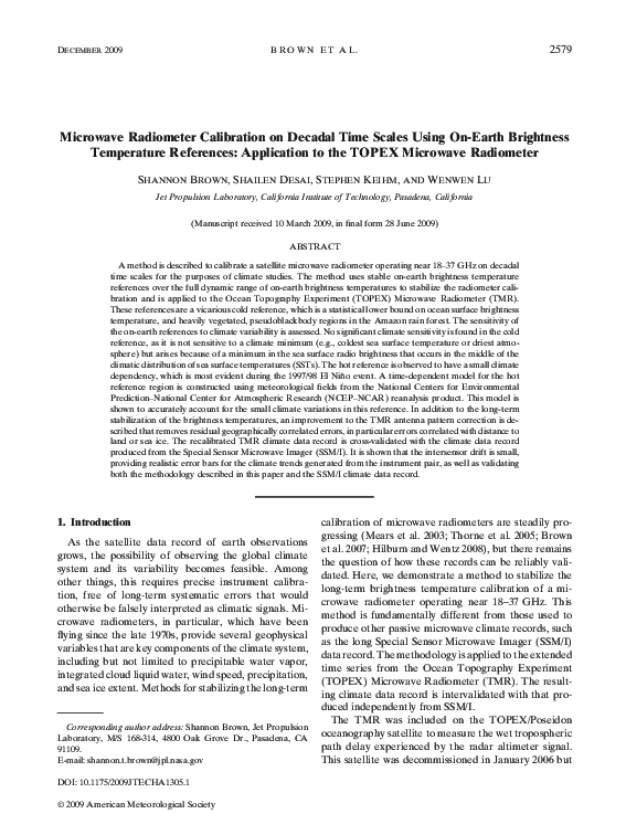 (PDF) Microwave Radiometer Calibration on Decadal Time Scales Using On-Earth Brightness ...