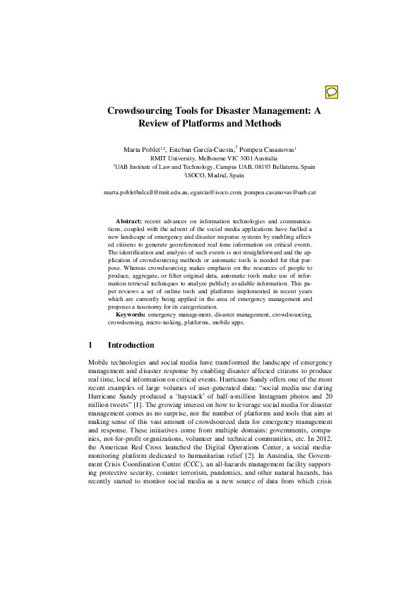 (PDF) Crowdsourcing Tools for Disaster Management: A Review of ...