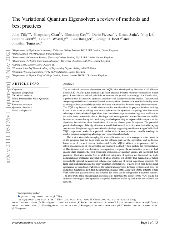 (PDF) The Variational Quantum Eigensolver: A review of methods and best practices