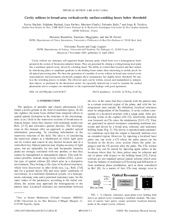 (PDF) Cavity Solitons in Vertical-Cavity Lasers Below Threshold