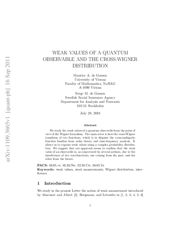 (PDF) Weak values of a quantum observable and the cross-Wigner distribution