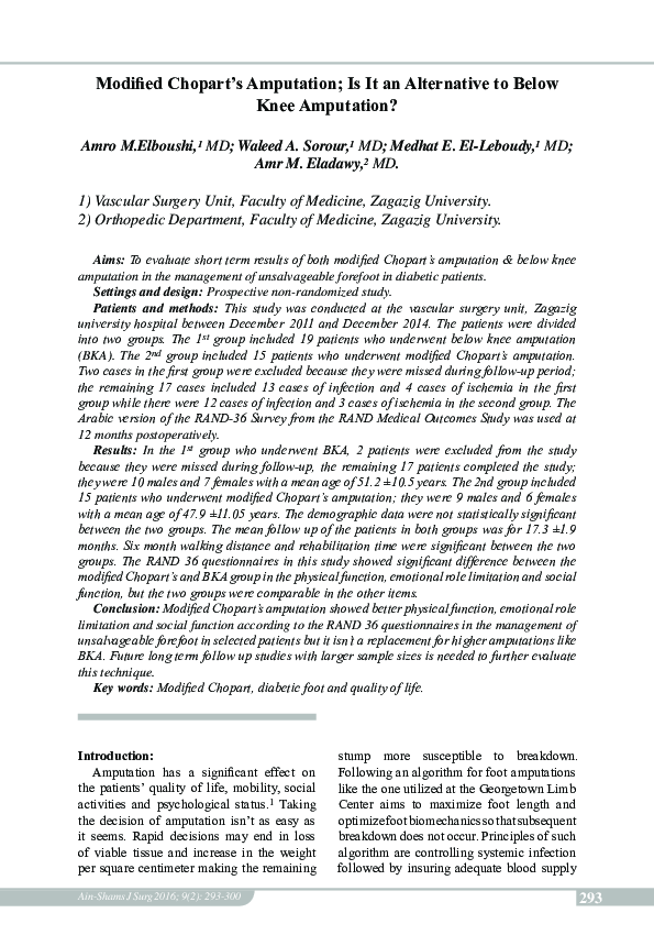 (PDF) Modified Chopart's Amputation; Is It an Alternative to Below Knee ...