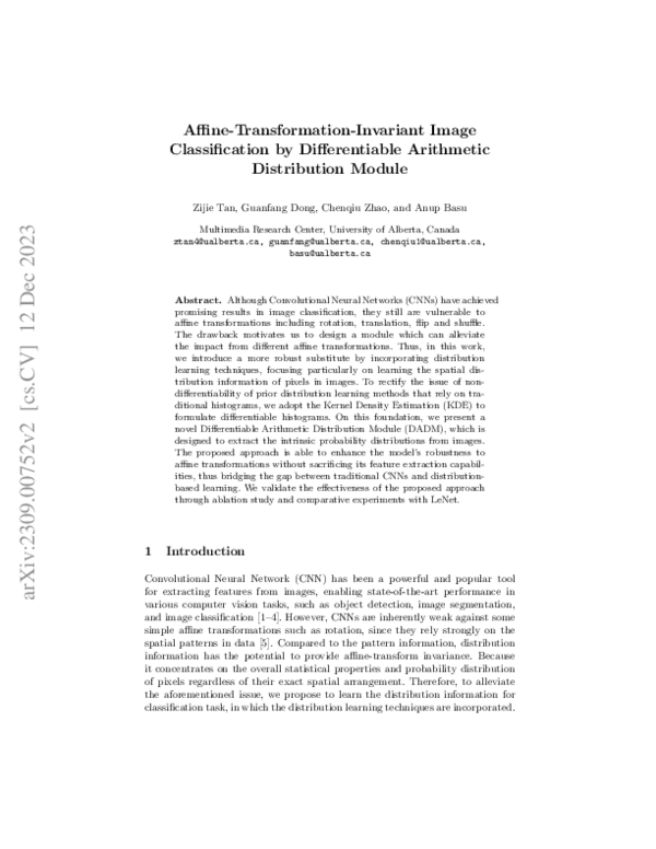 Pdf Affine Transformation Invariant Image Classification By Differentiable Arithmetic