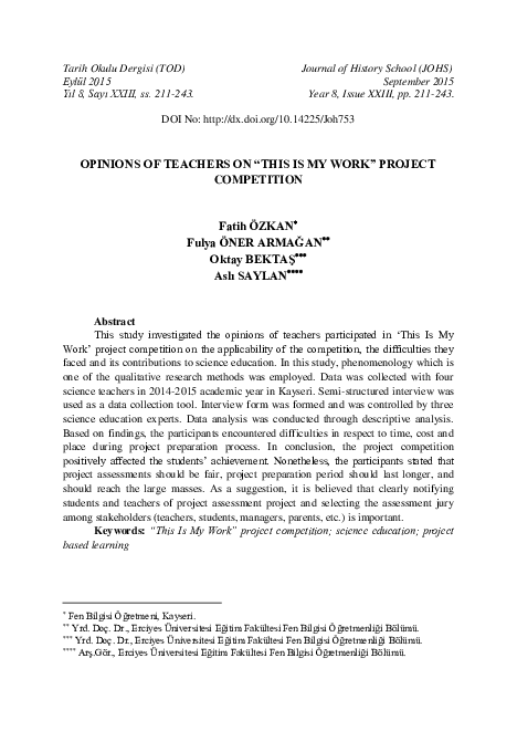 (PDF) Opinions of Teachers on "This is My Work" Project Competition