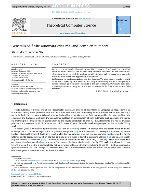(PDF) Generalized Finite Automata over Real and Complex Numbers