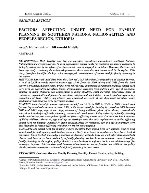 (PDF) Factors Affecting Unmet Need for Family Planning In Southern Nations, Nationalities and ...