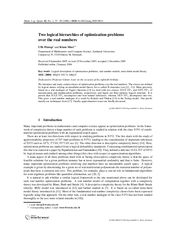 (PDF) Two logical hierarchies of optimization problems over the real numbers