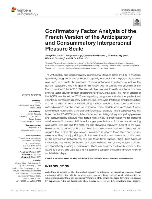 (PDF) Confirmatory Factor Analysis of the French Version of the Anticipatory and Consummatory ...