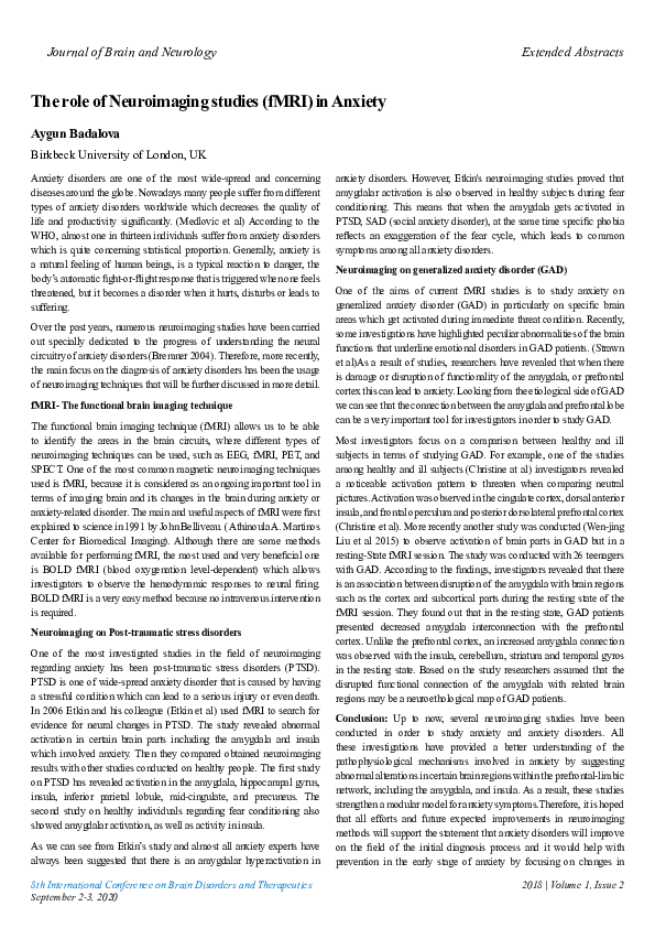 (PDF) The role of Neuroimaging studies ( fMRI ) in Anxiety