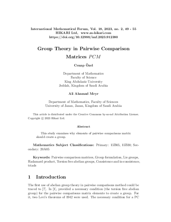 (PDF) Group theory in pairwise comparison matrices PCM