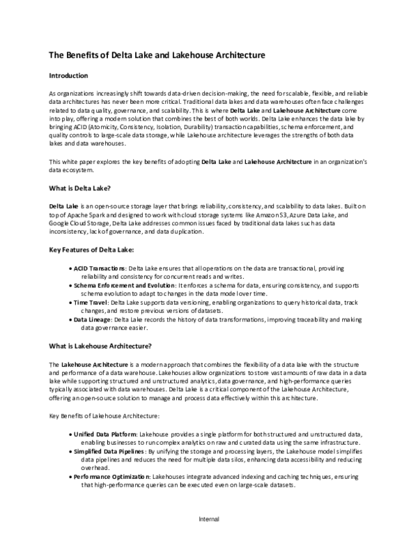 (PDF) The Benefits of Delta Lake and Lakehouse Architecture