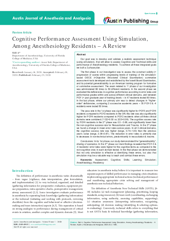 Pdf Simulation Based Cognitive Assessment In Anesthesiology Residents