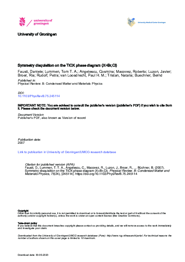 (PDF) Symmetry disquisition on theTiOXphase diagram(X=Br,Cl) | R. Broer ...