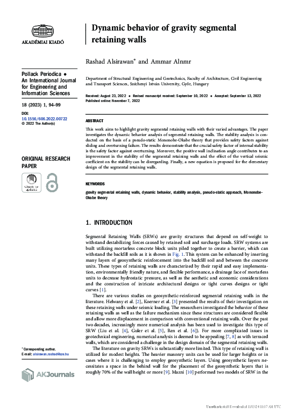(PDF) Dynamic behavior of gravity segmental retaining walls | Ammar N ...