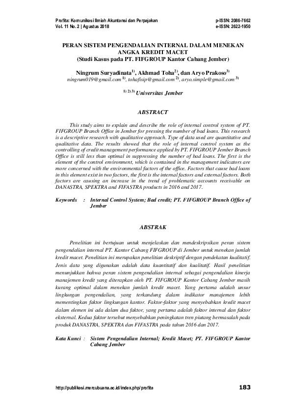 (PDF) PERAN SISTEM PENGENDALIAN INTERNAL DALAM MENEKAN ANGKA KREDIT MACET (Studi Kasus pada PT ...
