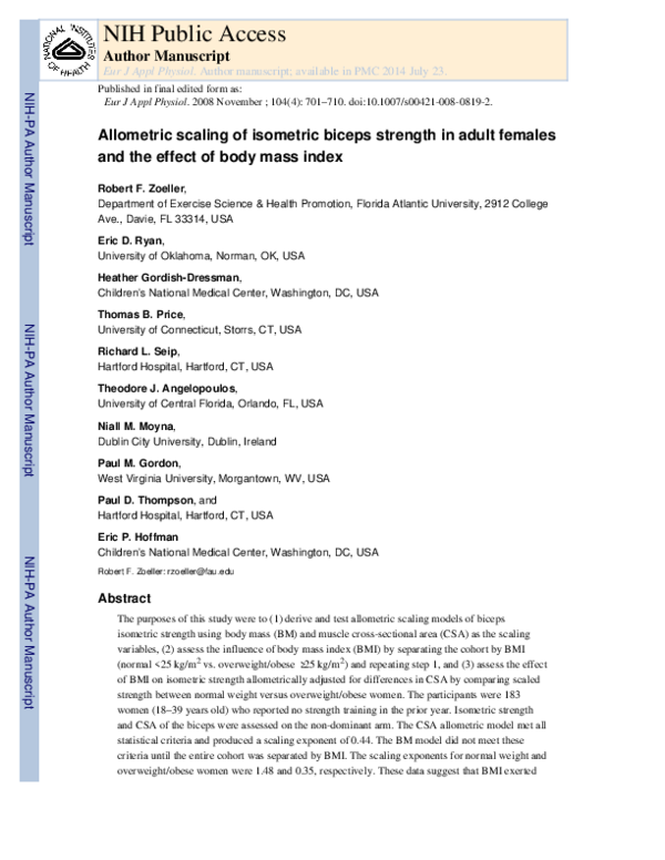 (PDF) Allometric scaling of isometric biceps strength in adult females ...