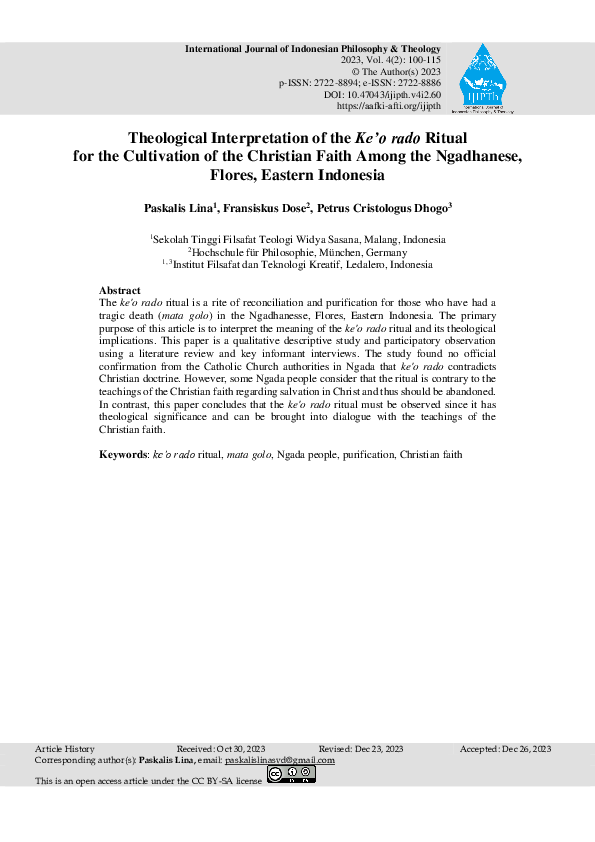 (PDF) Theological Interpretation of the Ke’o rado Ritual for the ...