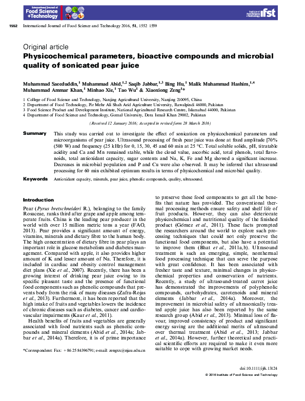 (PDF) Physico-chemical parameters, bioactive compounds and microbial quality of thermo-sonicated ...