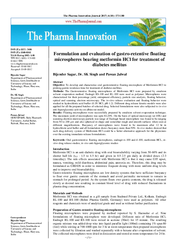 Pdf Formulation And Evaluation Of Gastro Retentive Floating Microspheres Bearing Metformin Hcl