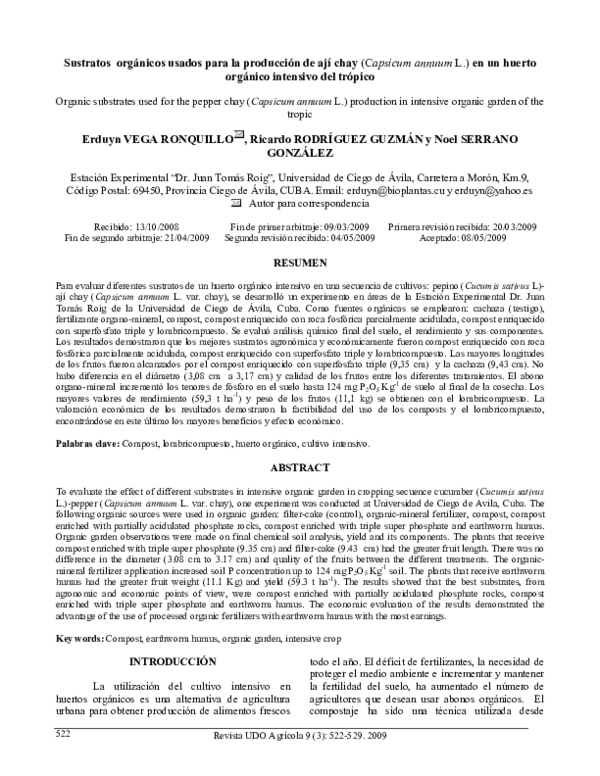 (PDF) Sustratos orgánicos usados para la producción de ají chay (Capsicum annuum L.) en un ...