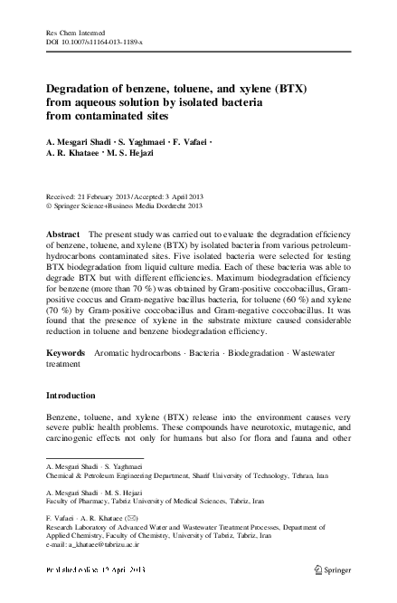 (PDF) Degradation of benzene, toluene, and xylene (BTX) from aqueous ...