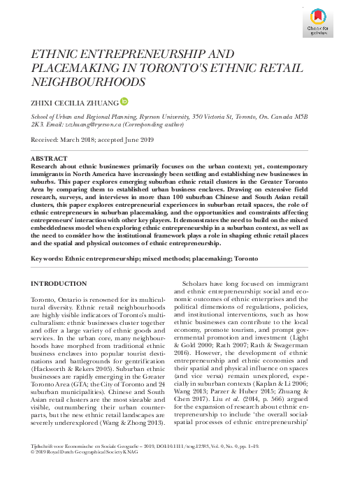 (PDF) Ethnic Entrepreneurship and Placemaking in Toronto's Ethnic ...