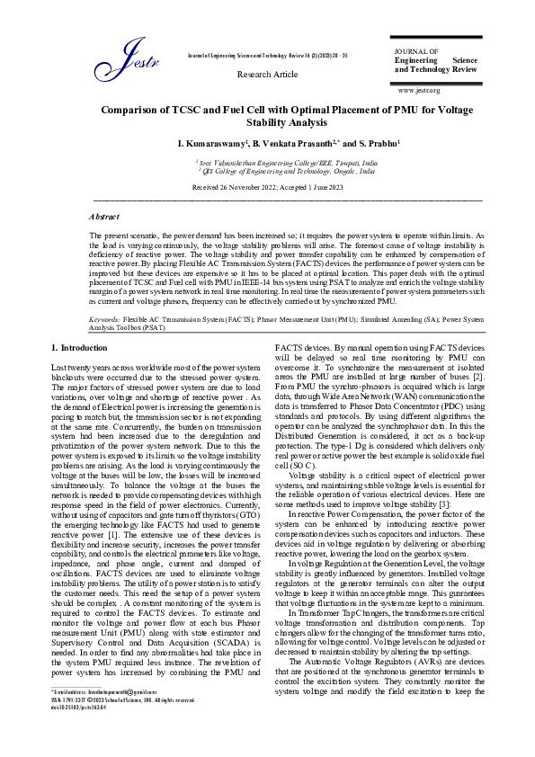 (PDF) Comparison of TCSC and Fuel Cell with Optimal Placement of PMU for Voltage Stability Analysis