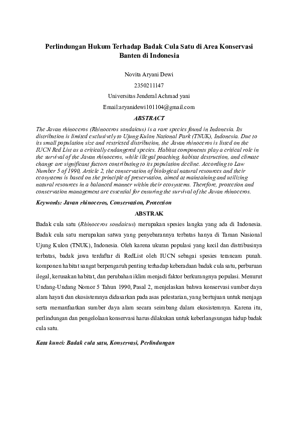 (PDF) Perlindungan Hukum Terhadap Badak Cula Satu di Area Konservasi Banten di Indonesia
