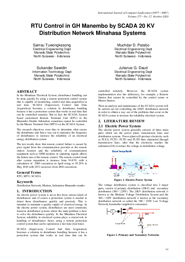 (PDF) RTU Control in GH Manembo by SCADA 20 KV Distribution Network Minahasa Systems