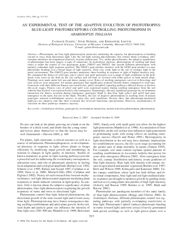 (PDF) An Experimental Test of the Adaptive Evolution of Phototropins ...