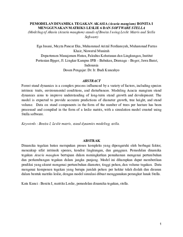 (PDF) PEMODELAN DINAMIKA TEGAKAN AKASIA (Acacia mangium) BONITA I MENGGUNAKAN MATRIKS LESLIE 6 ...
