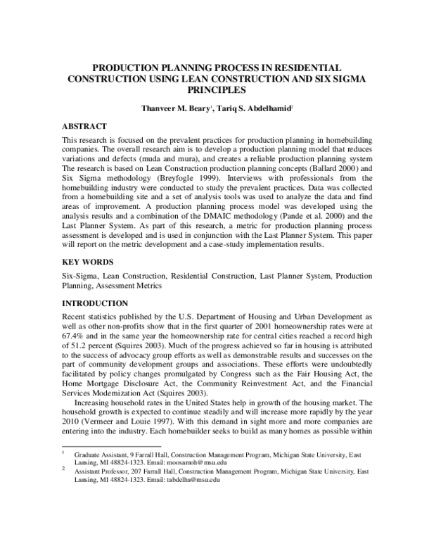 (PDF) Production Planning Process in Residential Construction Using ...