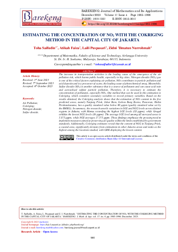 (PDF) Estimating the Concentration of NO2 with the Cokriging Method in the Capital City of Jakarta