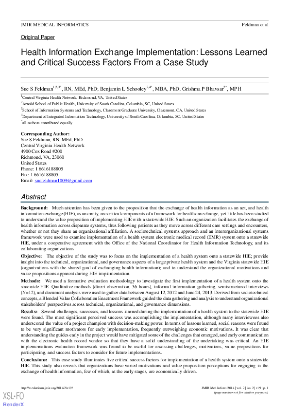 (PDF) Health Information Exchange Implementation: Lessons Learned and Critical Success Factors ...
