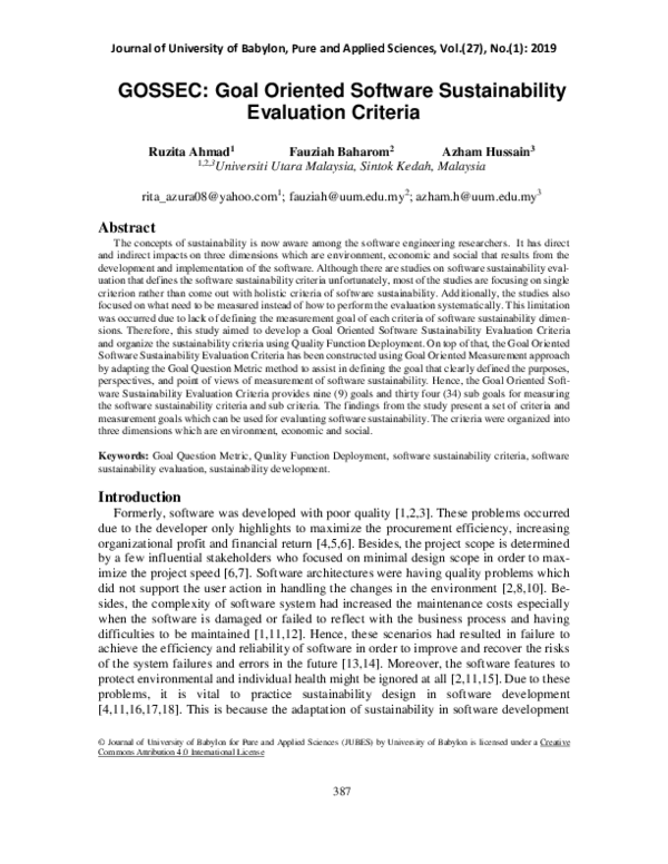 (PDF) GOSSEC: Goal Oriented Software Sustainability Evaluation Criteria | DR RUZITA AHMAD ...