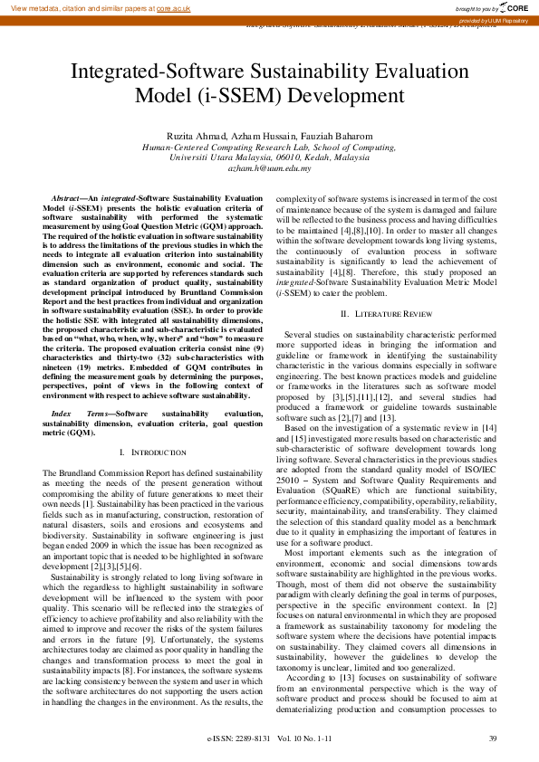 (PDF) Integrated-Software Sustainability Evaluation Model (i-SSEM) development | DR RUZITA AHMAD ...