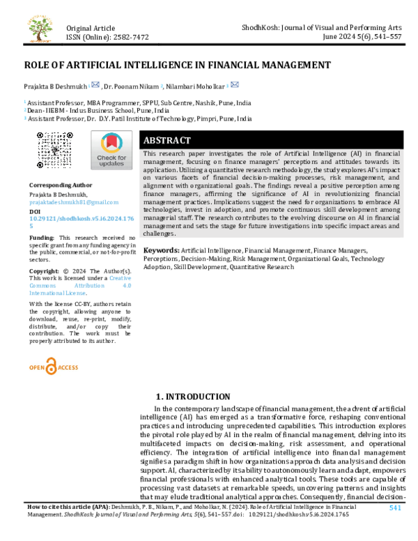 (PDF) ROLE OF ARTIFICIAL INTELLIGENCE IN FINANCIAL MANAGEMENT
