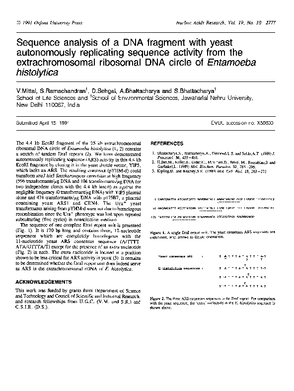 Pdf Sequence Analysis Of A Dna Fragment With Yeast Autonomously Replicating Sequence Activity
