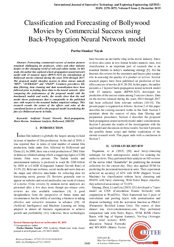 (PDF) Classification and Forecasting of Bollywood Movies by Commercial Success using Back ...