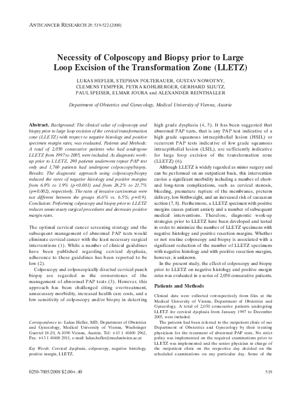 (PDF) Necessity of colposcopy and biopsy prior to large loop excision ...